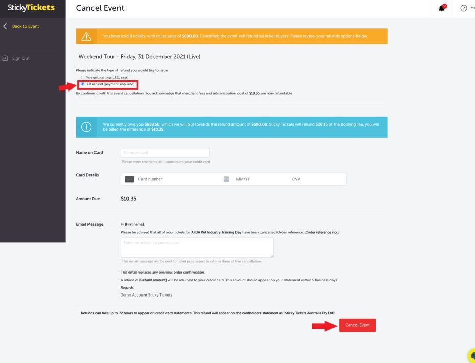 How can I cancel my event and issue refunds?