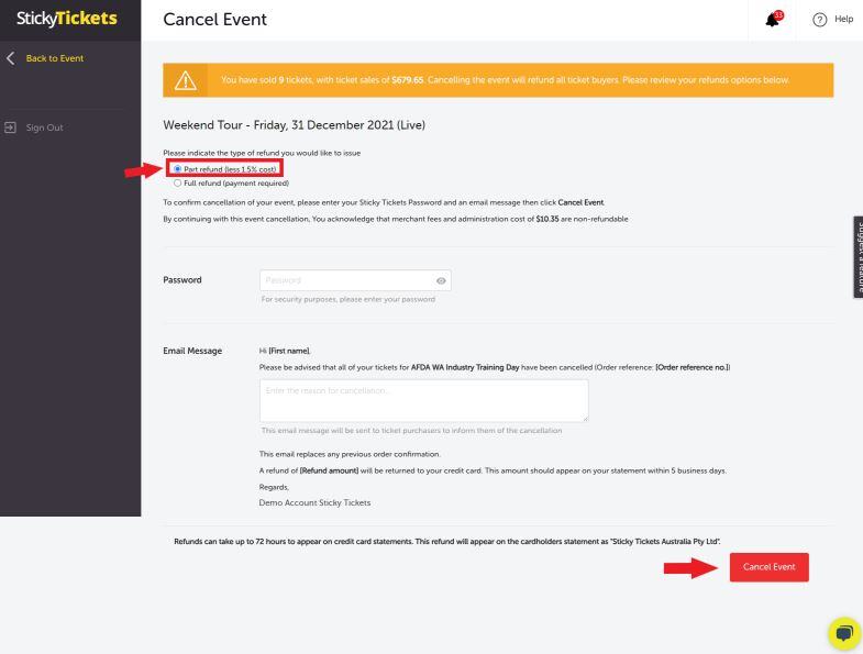 How can I cancel my event and issue refunds?